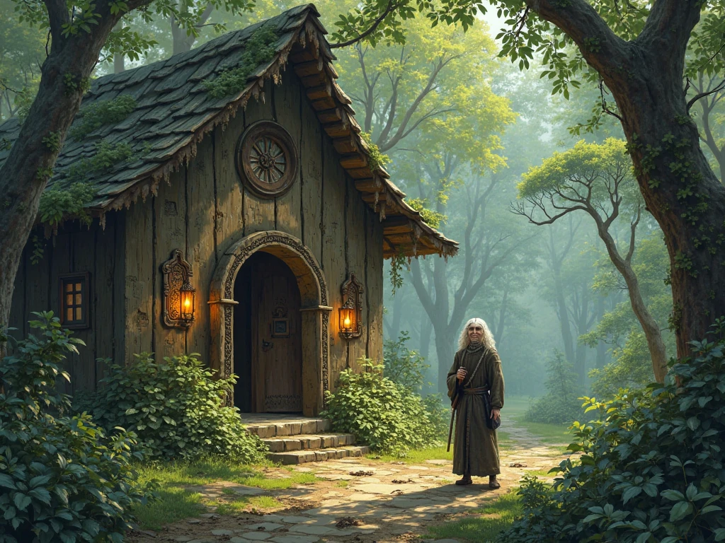 A lonely elf in forest with her own house, the elf looks like a old ...