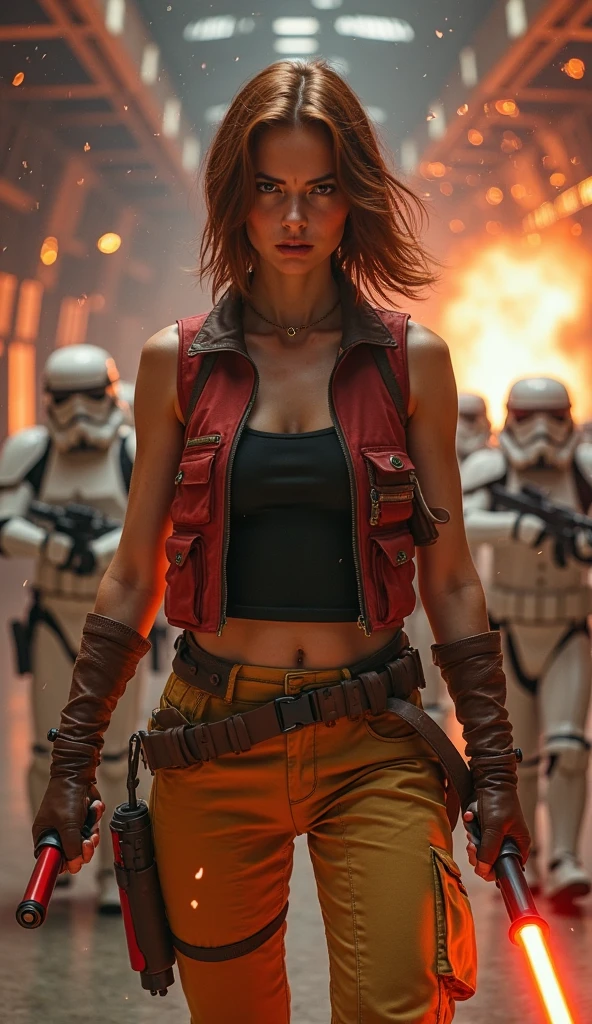 Beautiful female STAR WARS bounty hunter, engaged in a fierce firefight ...