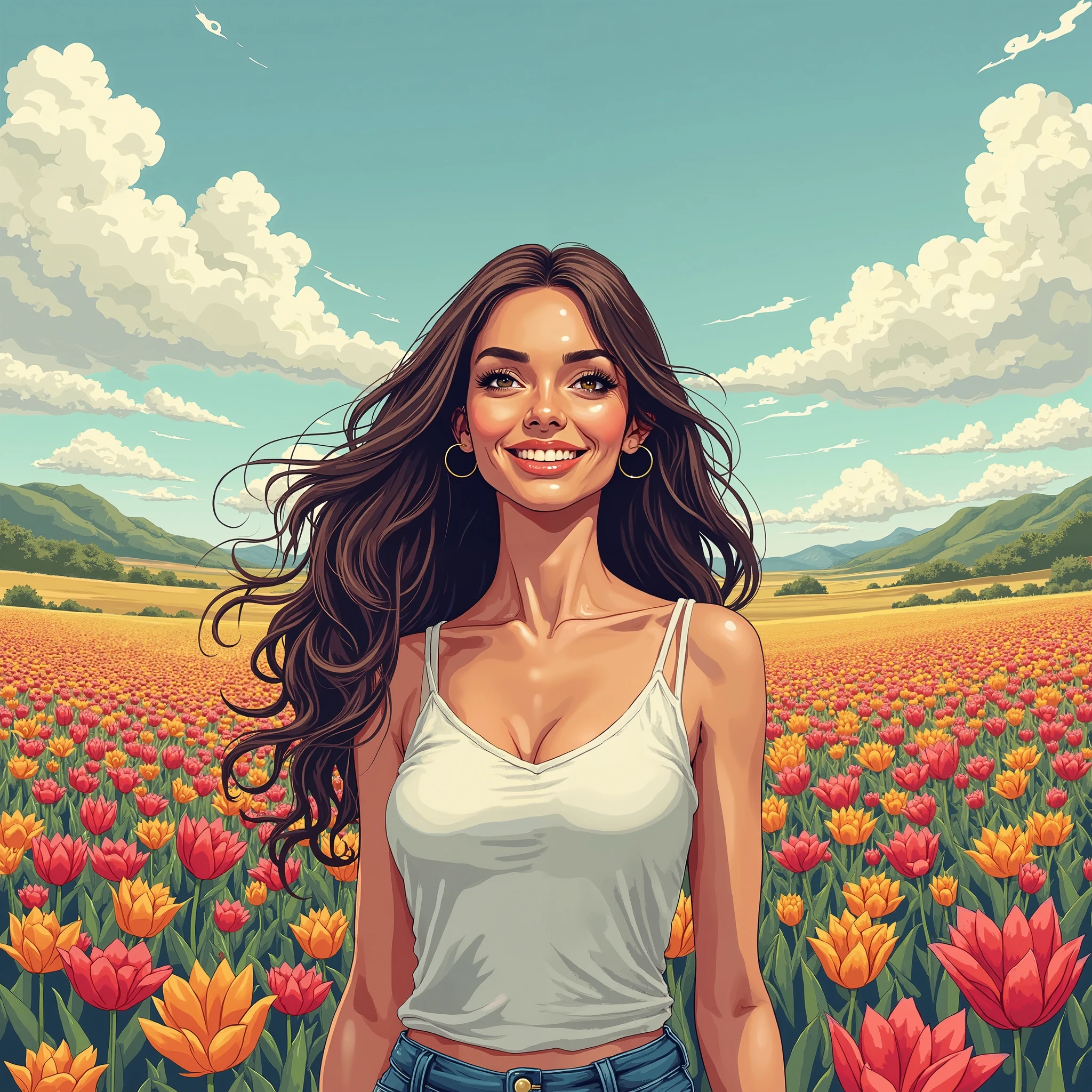 A portrait of an adult American woman in comic book style, smiling ...