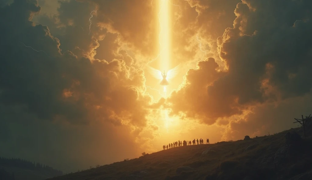A dramatic, cinematic sky torn open with golden light bursting through ...