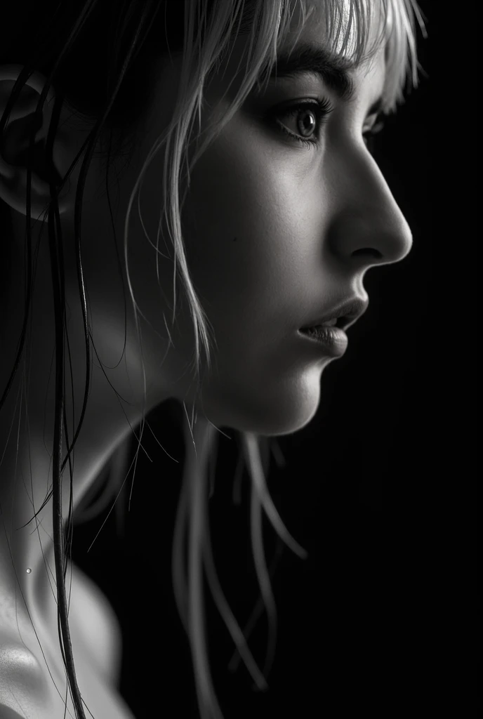 black and white portrait, close up profile of an androgynous face With ...