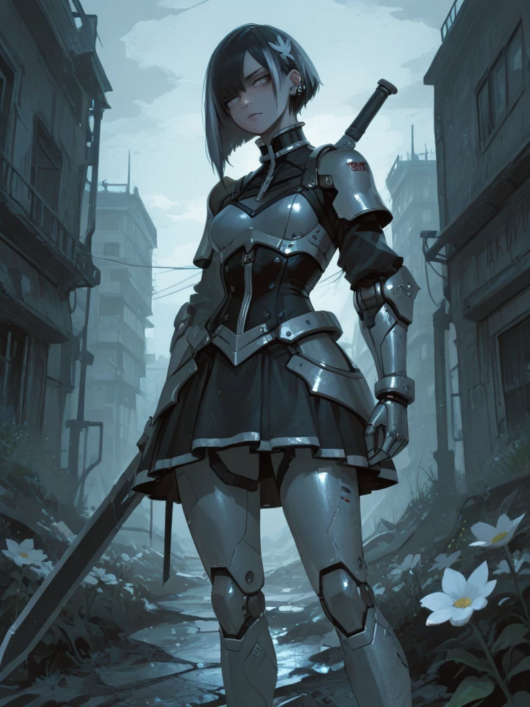 "female android, concept art style, long black hair with a sharp ...