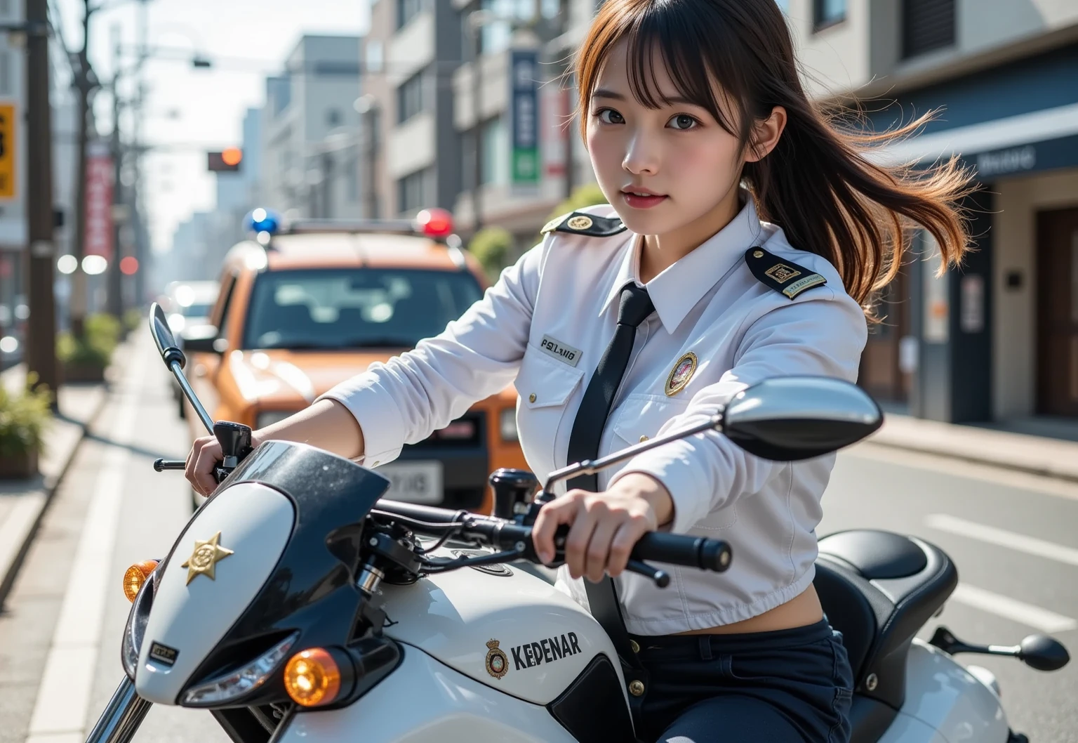 Japanese police woman、I'm riding a police white motorcycle equipped ...