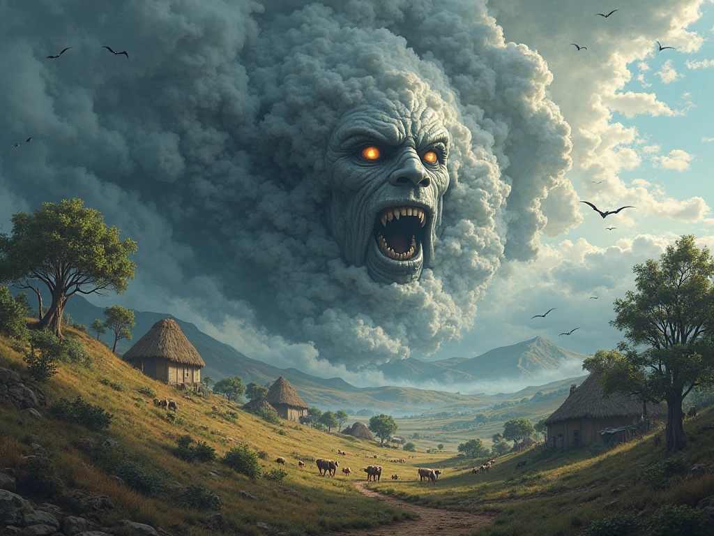 "A massive swirling wind spirit with glowing eyes and a face made of ...