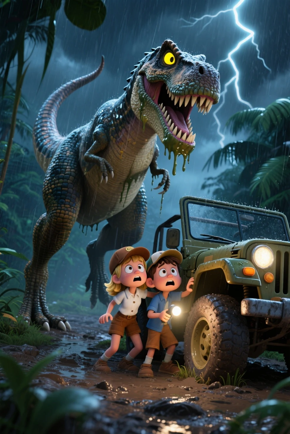 Concept: A cartoon scene inspired by Jurassic Park, where two children ...