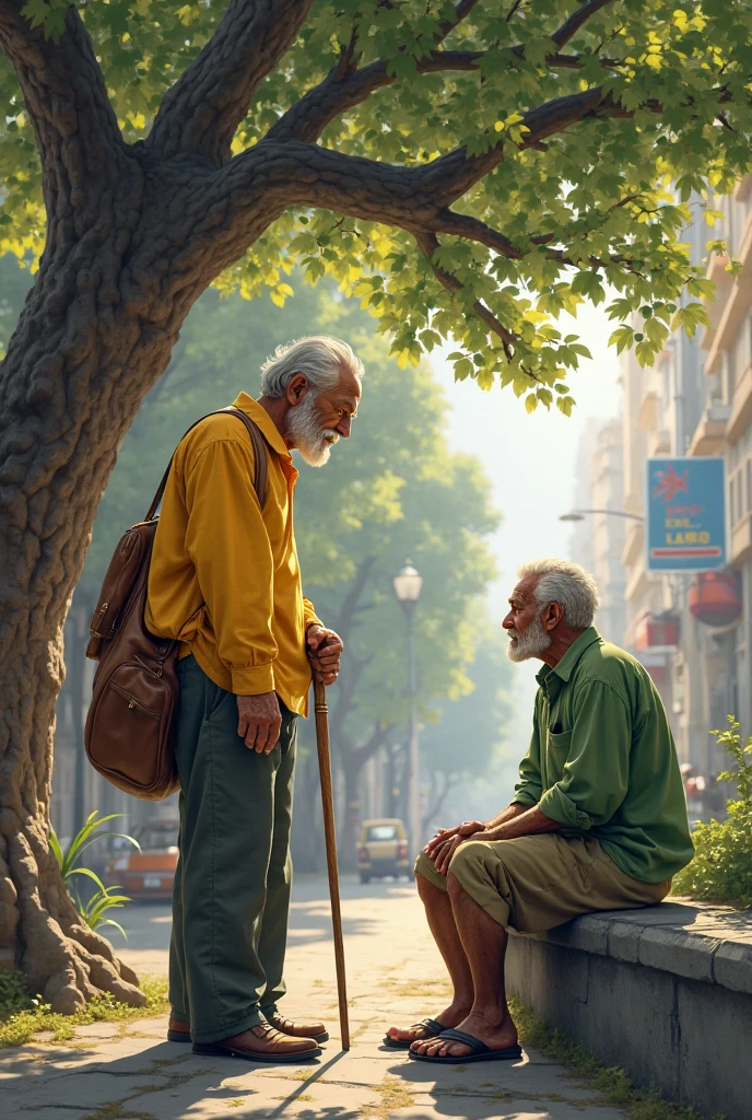 An rich old man talking with a begger,begger sitting under the tree ...