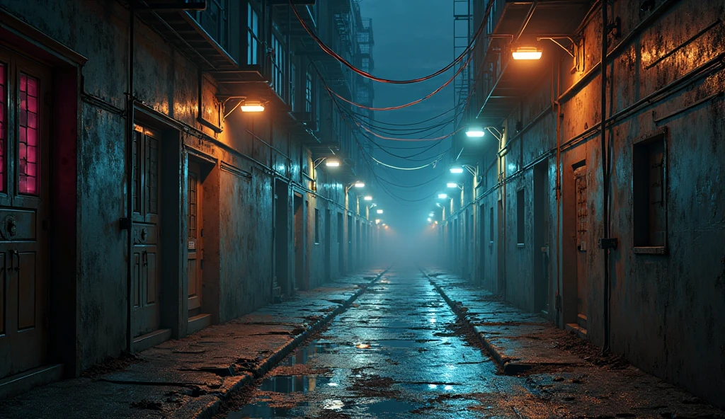 Night alley checkpoint: motion-sensor activated street lights - SeaArt AI