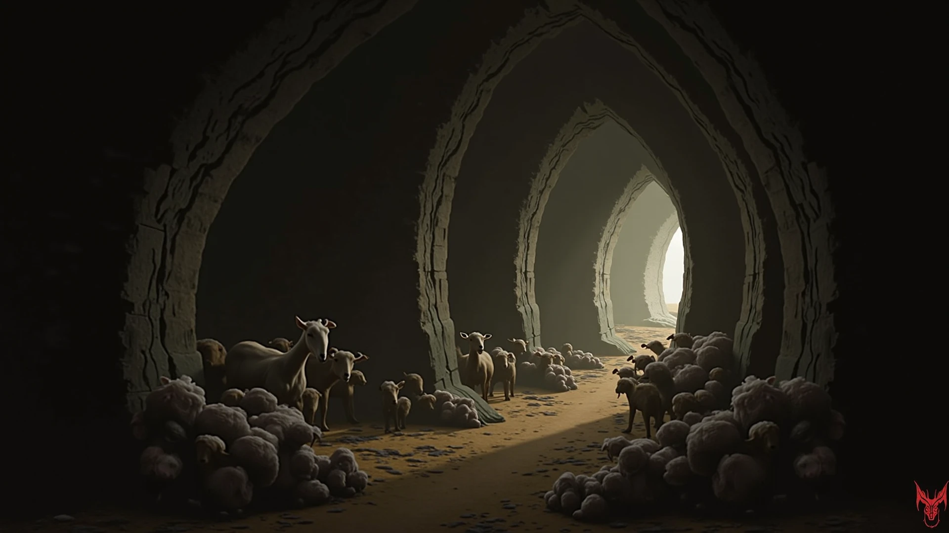 Stables for livestock. Goats and sheep are shown in their underground ...