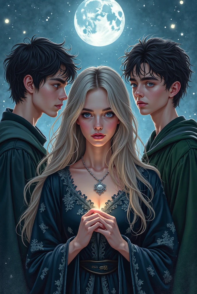 A fantasy book cover illustration featuring three characters in a semi ...