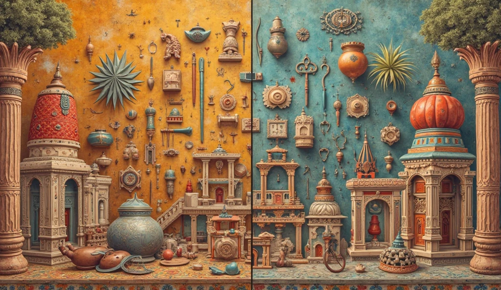 A collage showing side-by-side comparisons of Indus art, tools - SeaArt AI