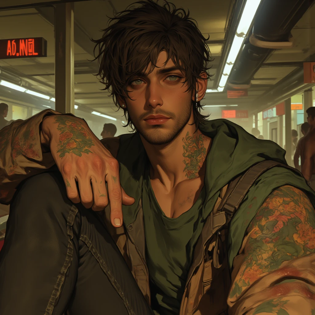 Realistic shading. An attractive male in his mid-20s. The setting is ...