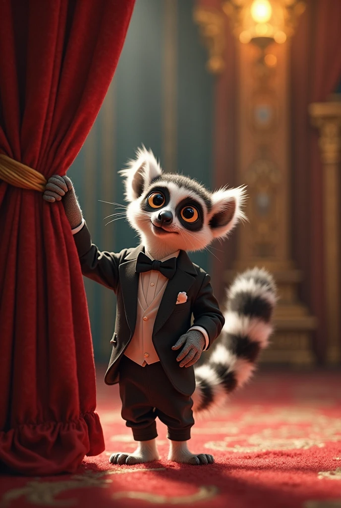 Lemur theatergoer, that pulls the curtain of the stage. - SeaArt AI