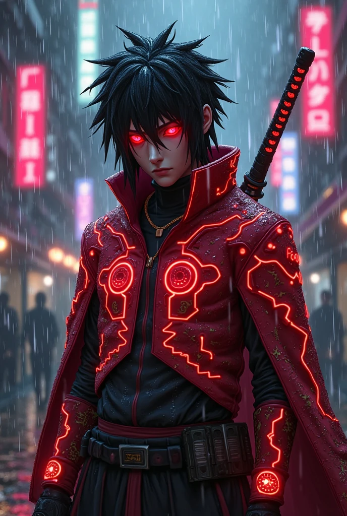 Cyberpunk Madara Uchiha standing in the rain at night, glowing red neon ...
