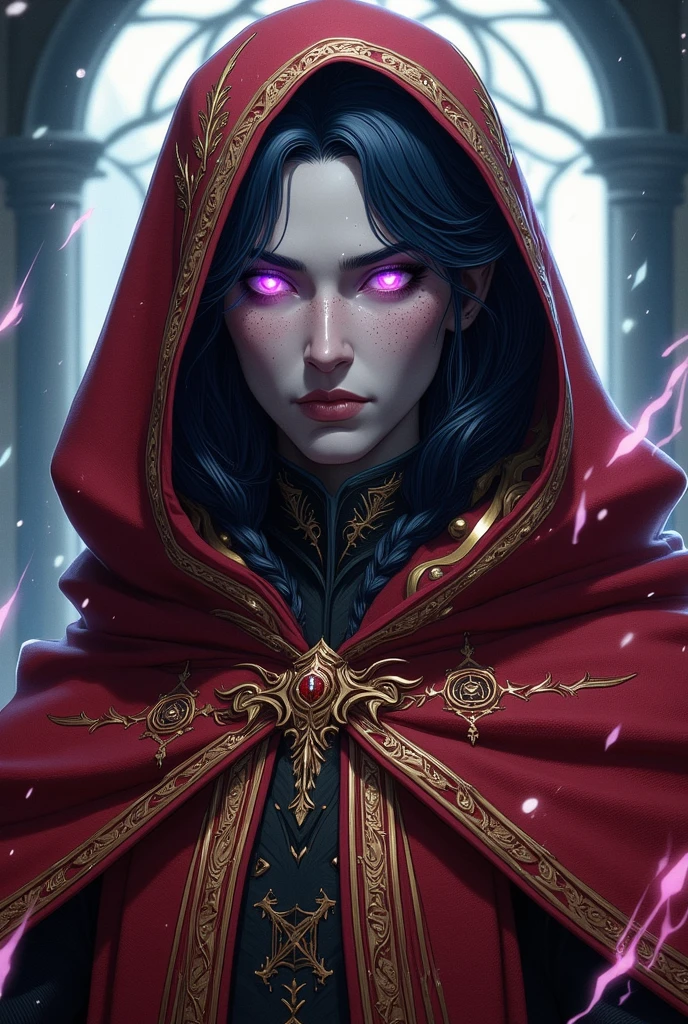 A Khalashtar noble wearing gold, red sorcerer's robes, dark blue hair ...
