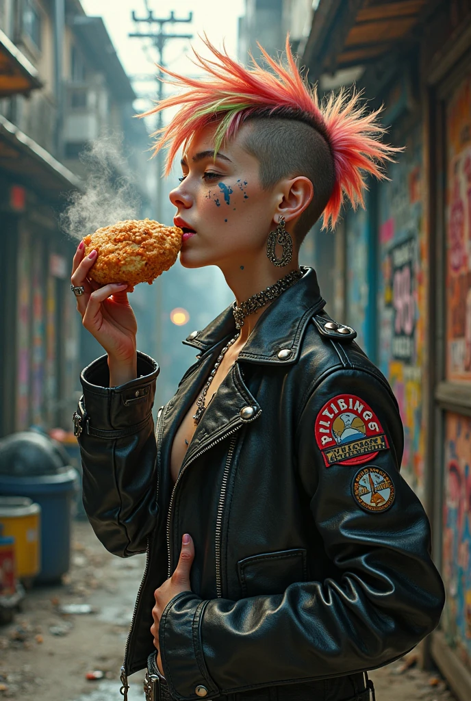 Punk rocker eating taiyaki in a dirty back alley - SeaArt AI