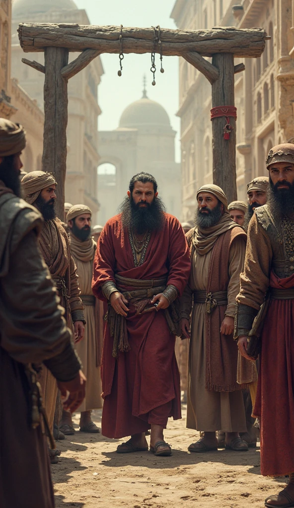 Haman tied his hands walking with Jewish guards Towards a gallows ...