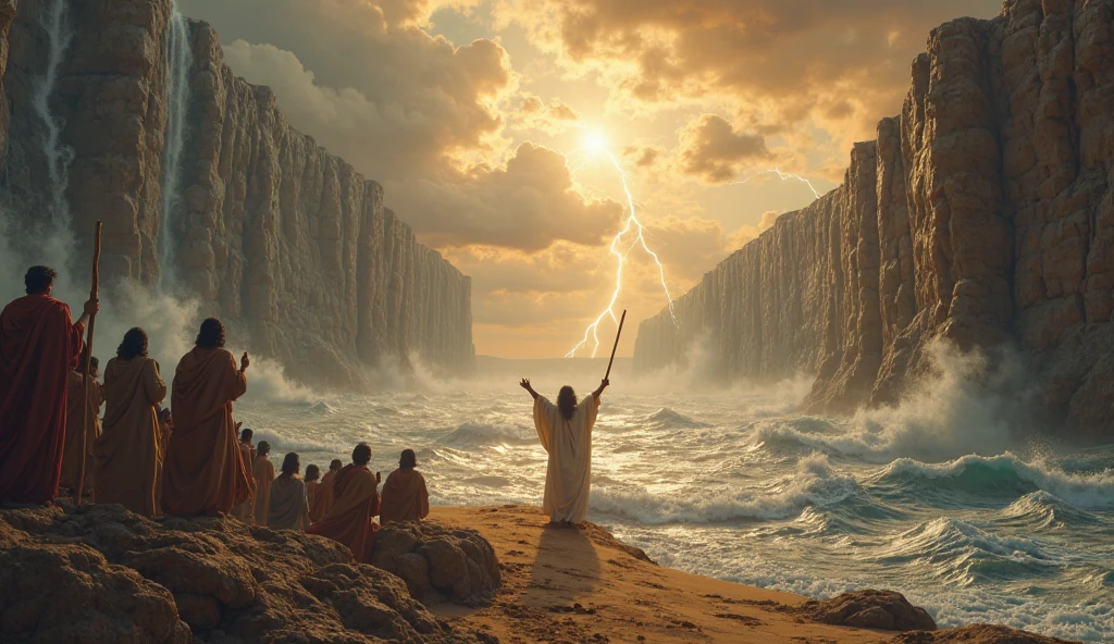 A dramatic scene of Moses parting the Red Sea, standing on a rocky ...