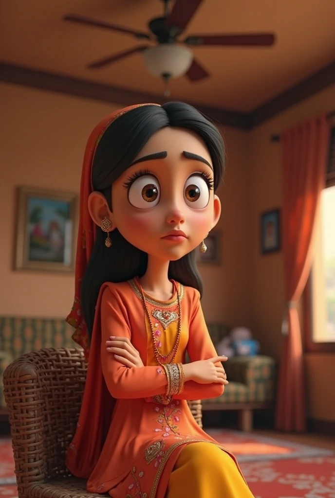 A 3D animated Pakistani woman sitting cross-armed on a charpai - SeaArt AI