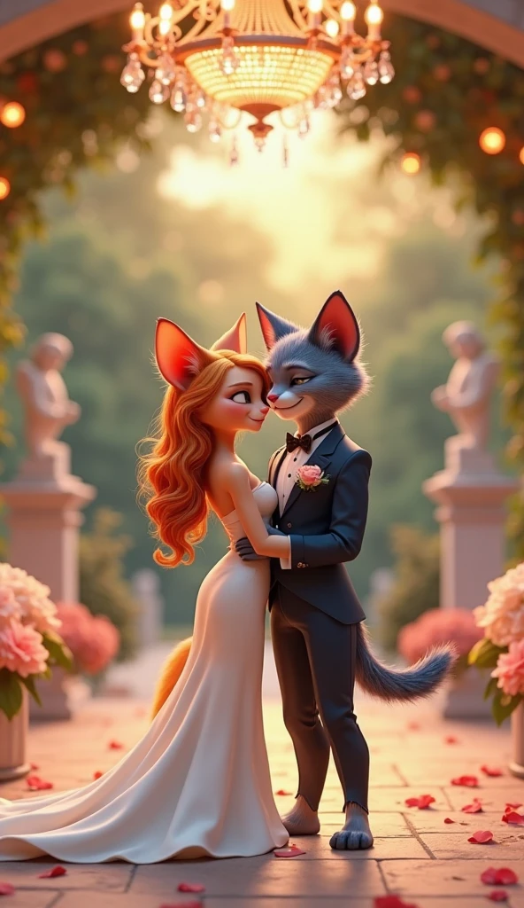 A romantic outdoor wedding scene featuring two elegant anthropomorphic ...