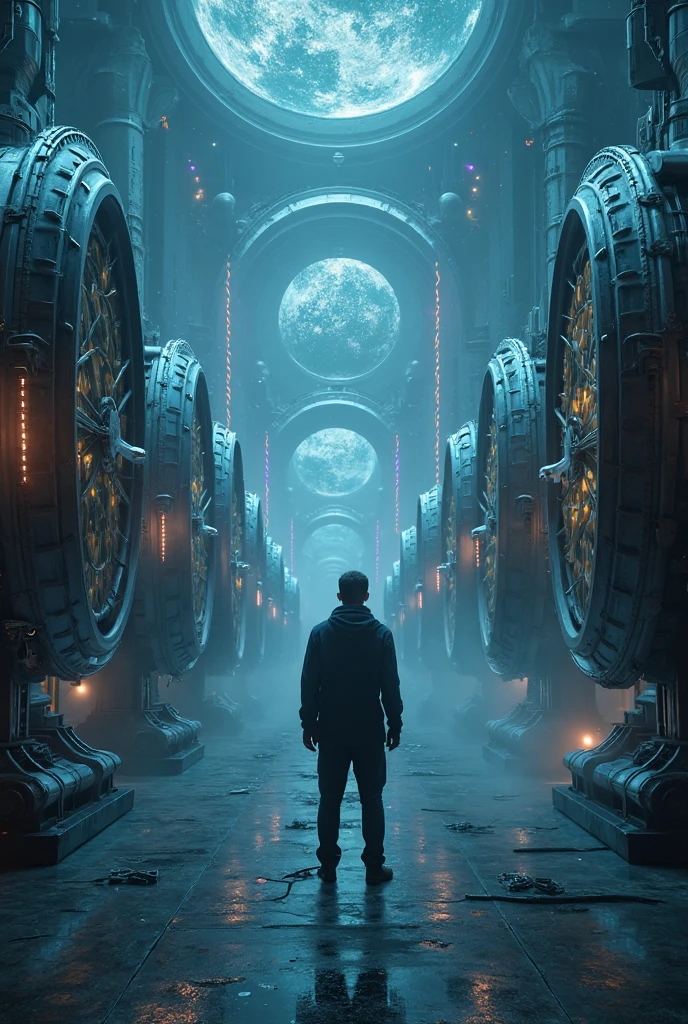 A man stands in front of a massive, complex time travel machine - SeaArt AI