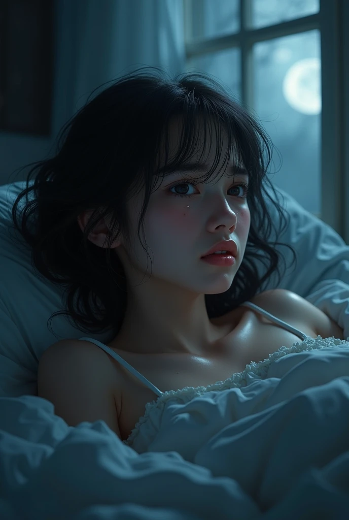 A sad young woman waking up from a dream, tears in her eyes, moonlight ...