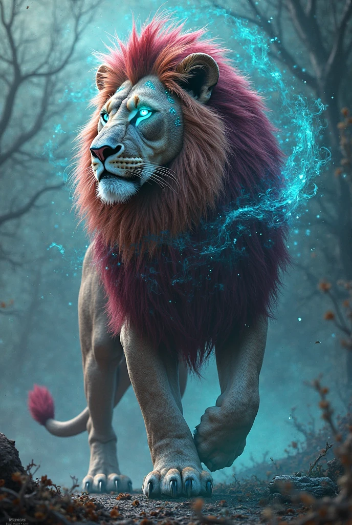 A fantasy lion in burgundy turquoise with glowing silver eyes - SeaArt AI