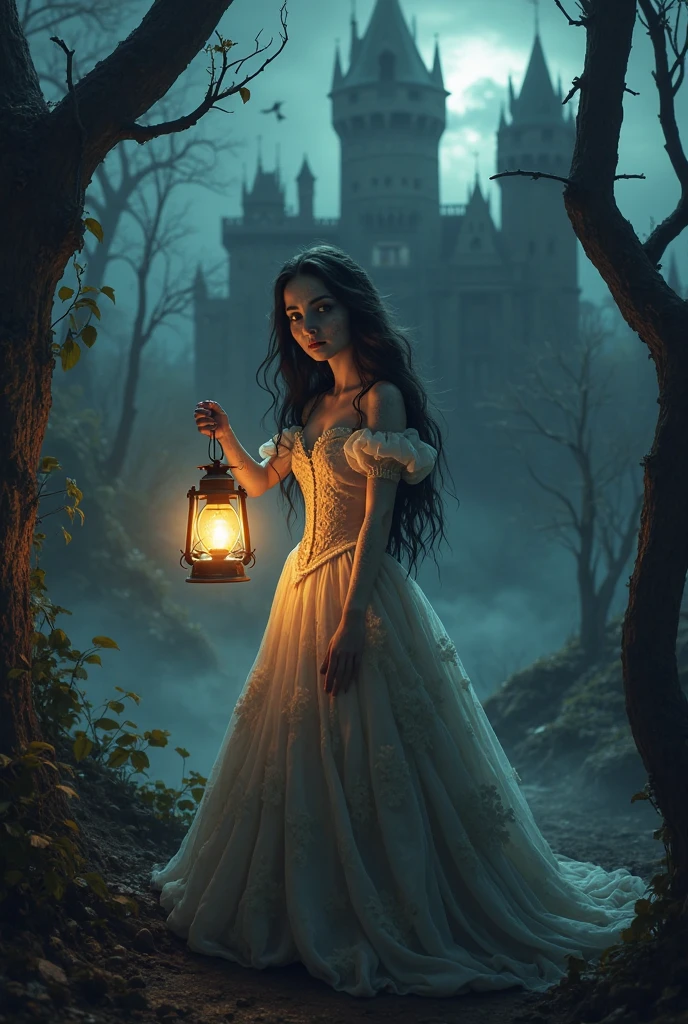 A dark and eerie scene featuring a Disney princess, with a sinister ...