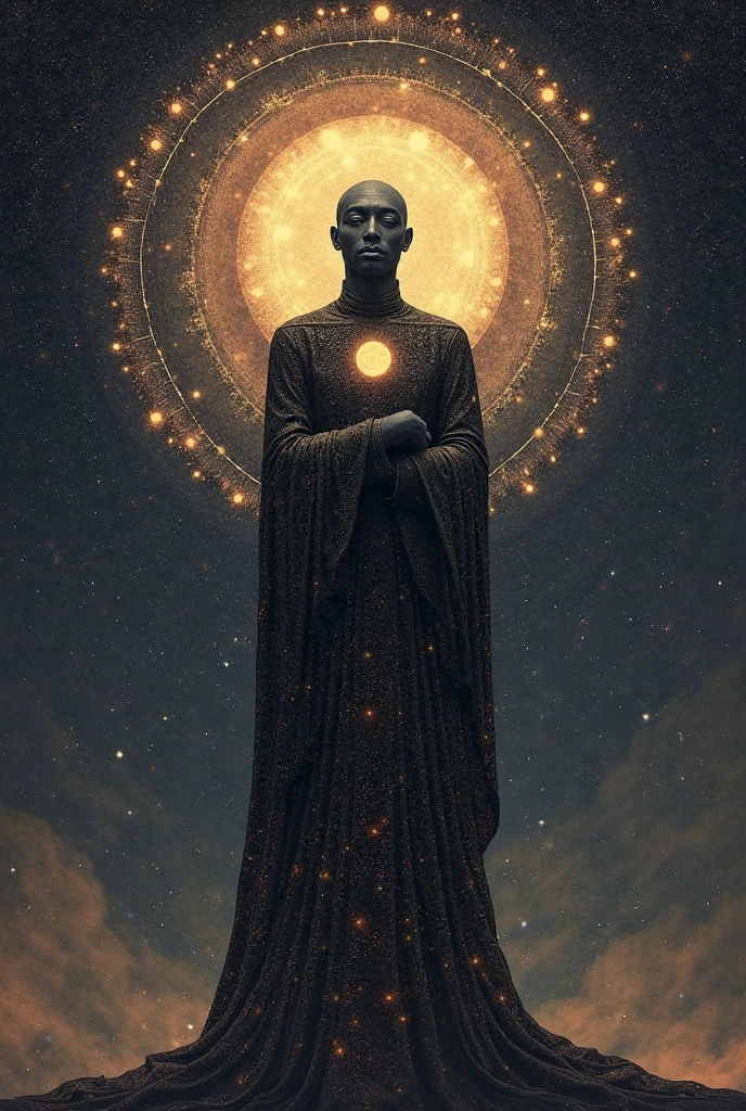Regal male galaxy deity with a wide glowing halo shaped like a disc of ...