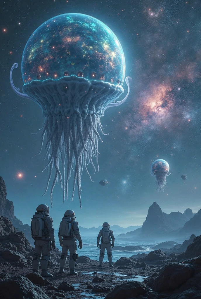 "A hyper-realistic cinematic scene where astronauts explore a starfield ...