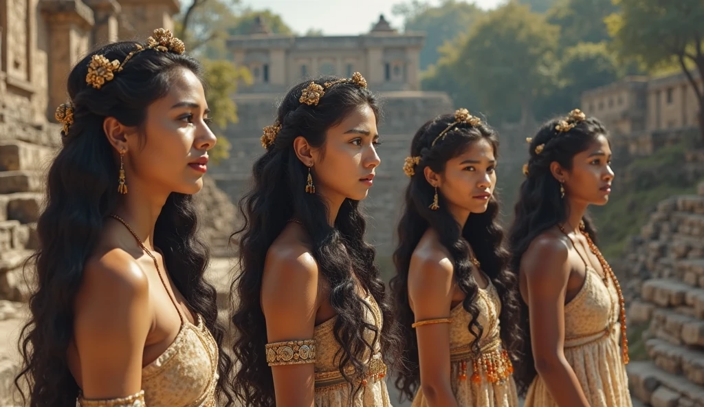 Hyperrealistic digital portrait of four young Mayan maidens in ancient ...