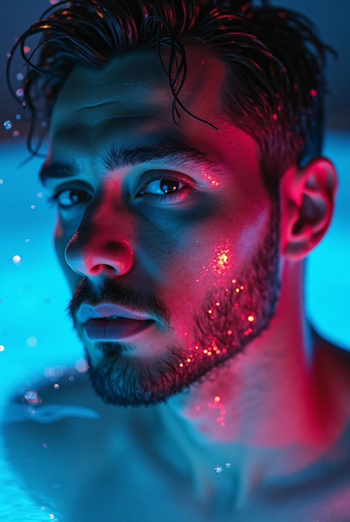 A hyper-realistic close-up portrait of a young man's face, with only ...