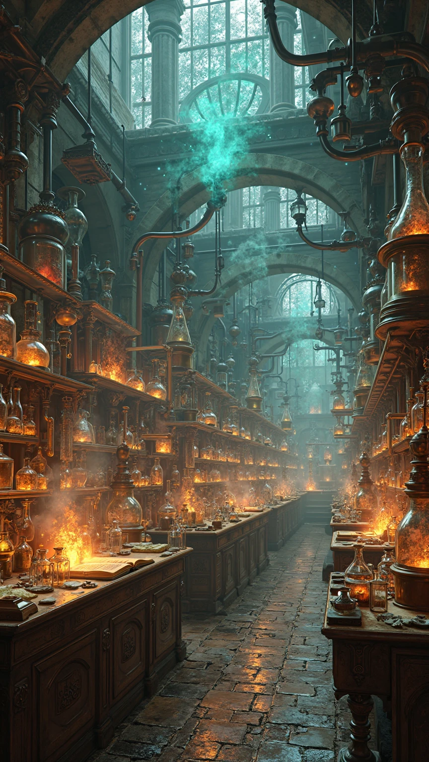 A breathtaking alchemical laboratory workshop rendered in ...