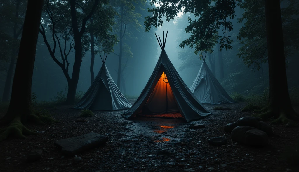 "Haunted Thai scout camp at night, collapsed tents breathing ...