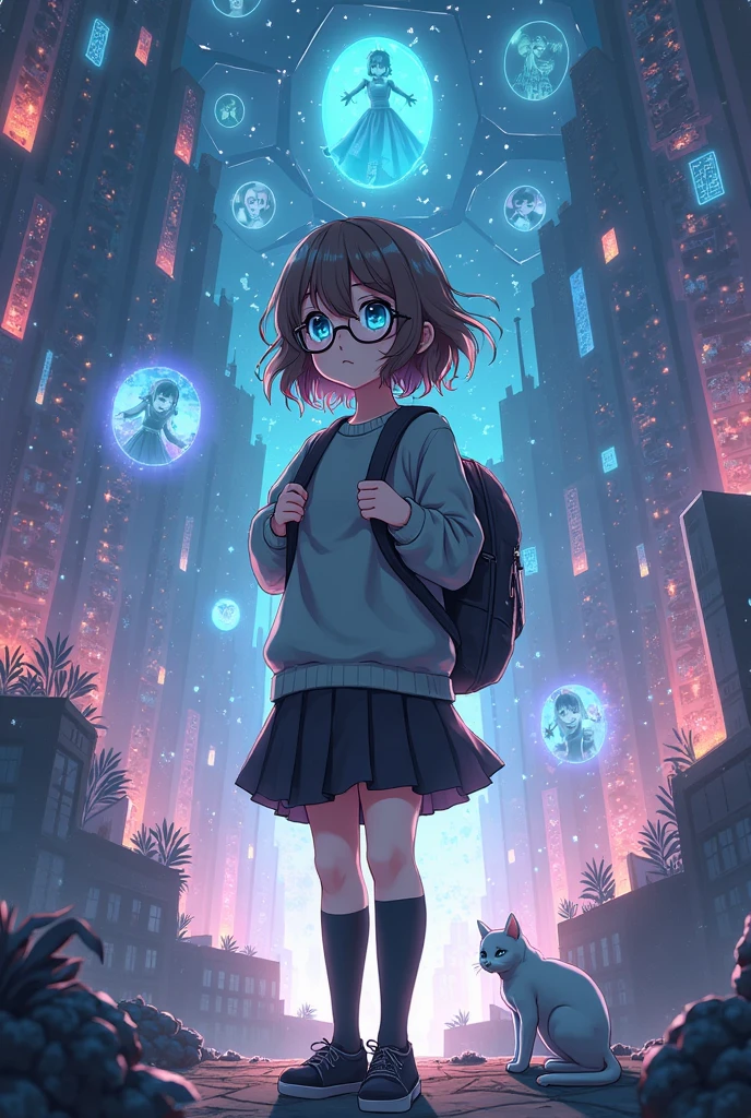 "A shy young anime girl, hair with fair skin, round glasses of blue ...