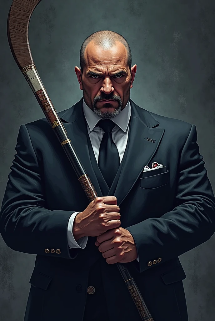 A sports logo of a mob boss holding a hockey stick - SeaArt AI