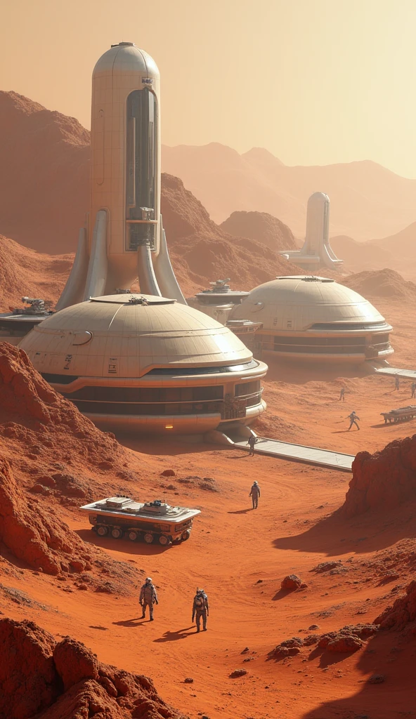 Surface of Mars with futuristic human colony, rovers and high - SeaArt AI