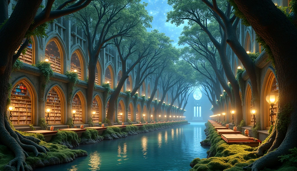 A vast, open-air elven library surrounded by ancient trees, their ...