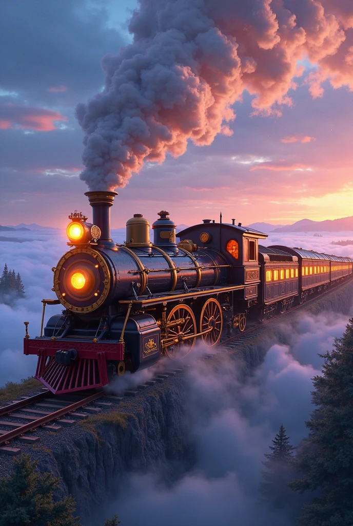 A majestic Disney-style train gliding through a magical landscape ...