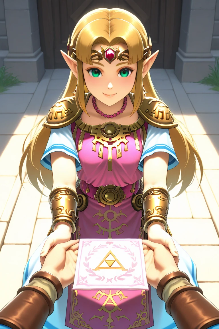 Princess Zelda, smiling, extended arms, offering a hug. Viewer pov ...