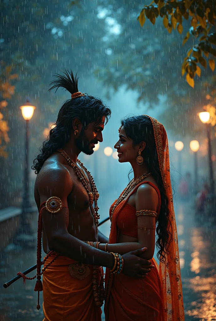 A romantic divine night scene of Radha and Krishna standing in the rain ...