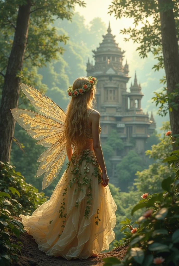 A fairy looking at a majapahit's castle (candi/temple) in the forest ...