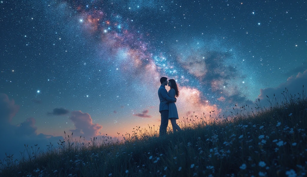 A couple in love stands hugged on a high hill, privind cerul înstelat ...