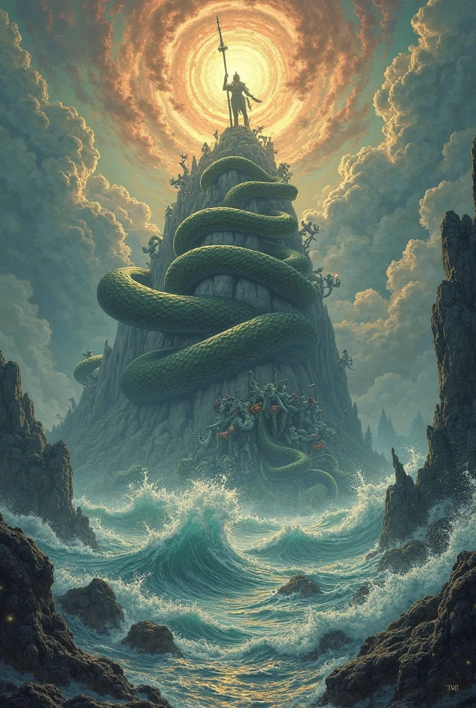 A grand mythological scene of the Samudra Manthan, with Mount Mandara ...
