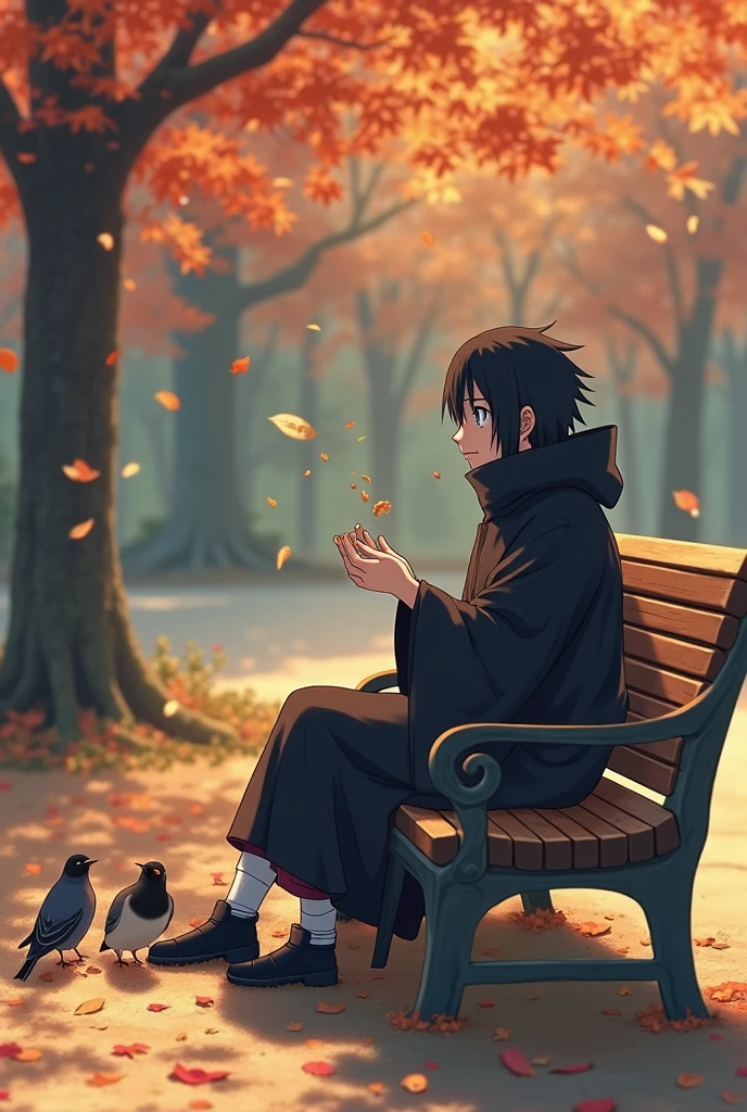 Anime style, Itachi Uchiha in Akatsuki cloak sitting peacefully on a ...
