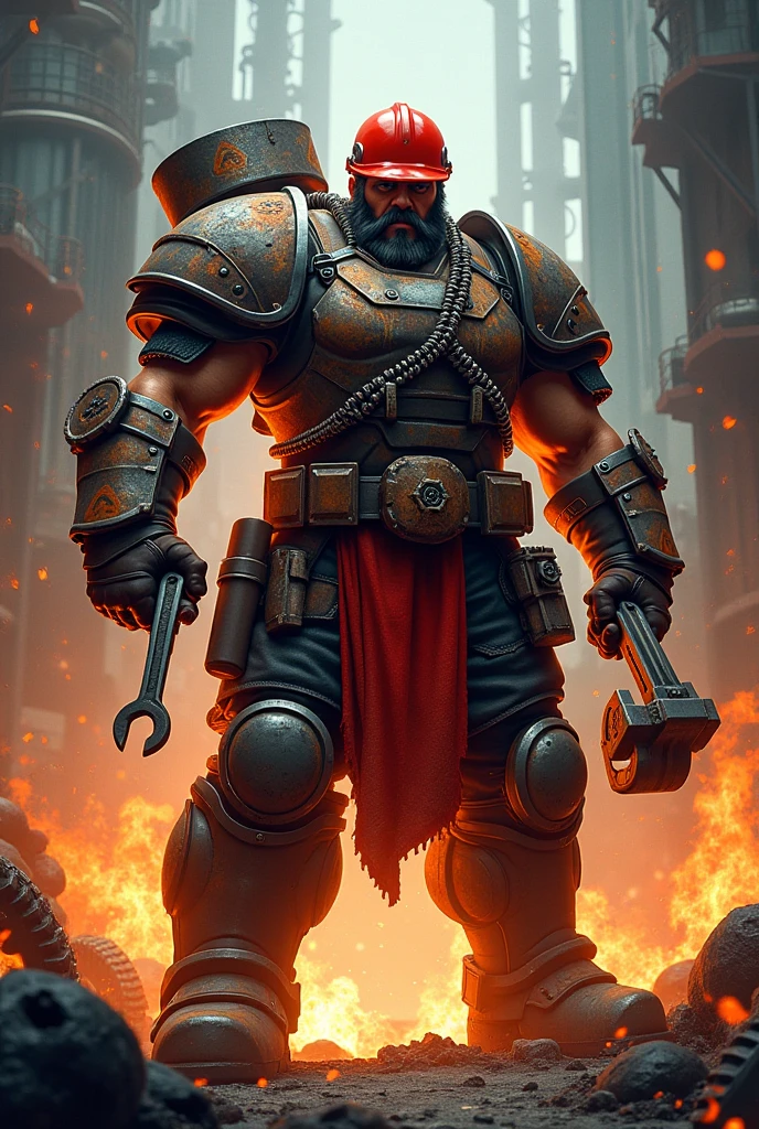 Create a Banner design of warrior with gears, red hard hat, engineering ...
