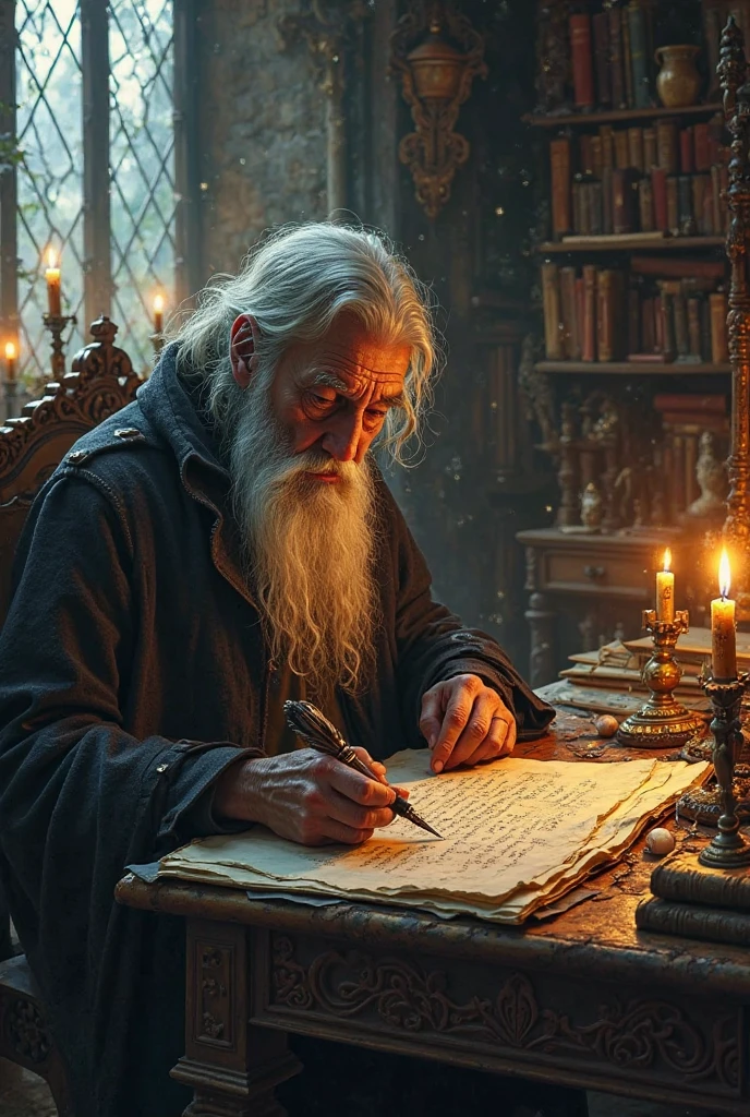 {{A ((introspective)) depiction of {((an old mage seated in a cluttered ...