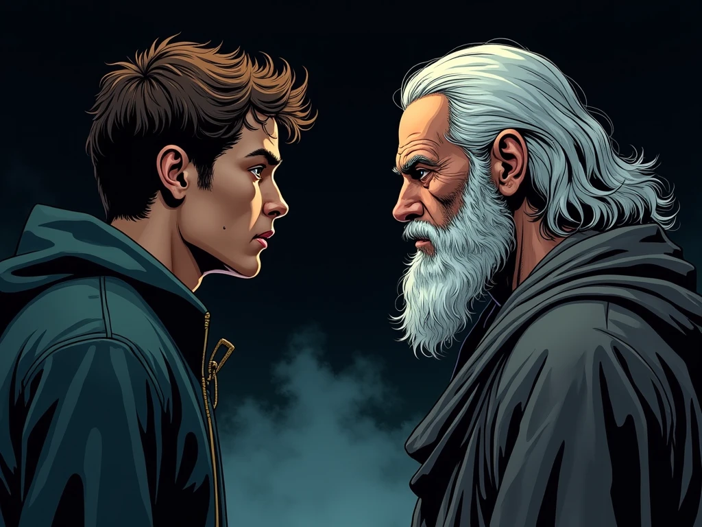 A comic-style scene showing a. Wide-angle, full-body of two characters ...