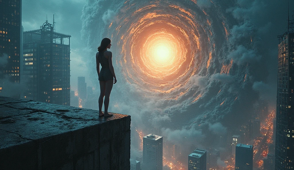 A woman stands on a skyscraper’s edge as the city below folds into a ...