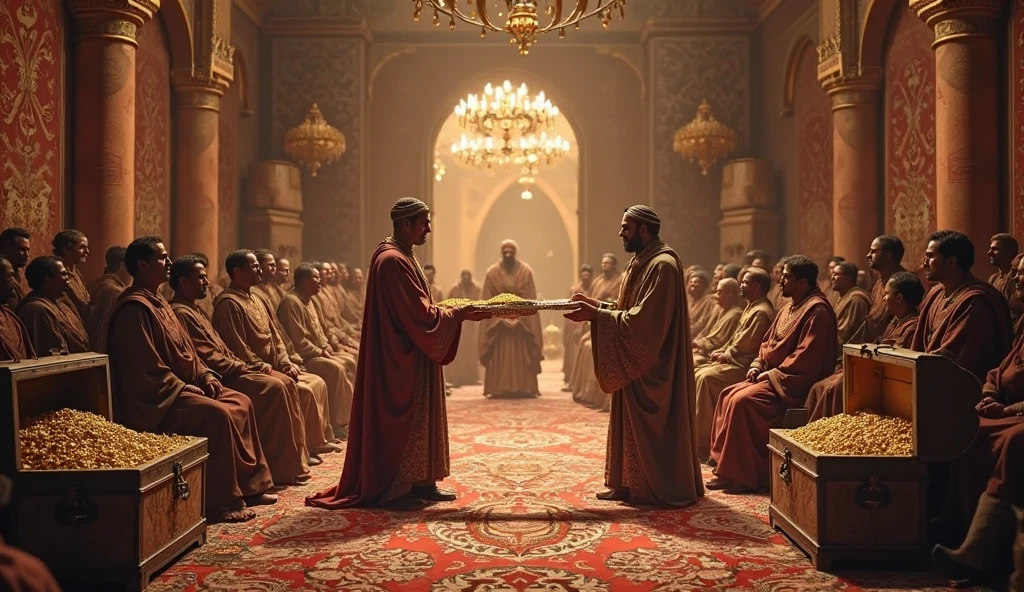Elaborate ancient diplomatic meeting, richly dressed Moabite princes ...