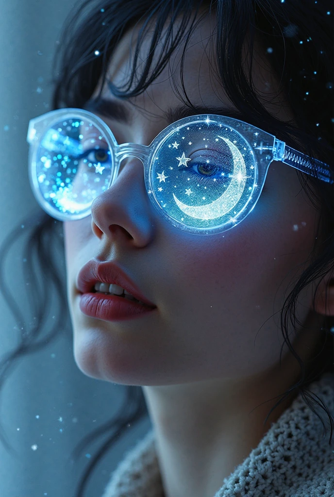The model wears glass sunglasses, which depict stars and moon - SeaArt AI